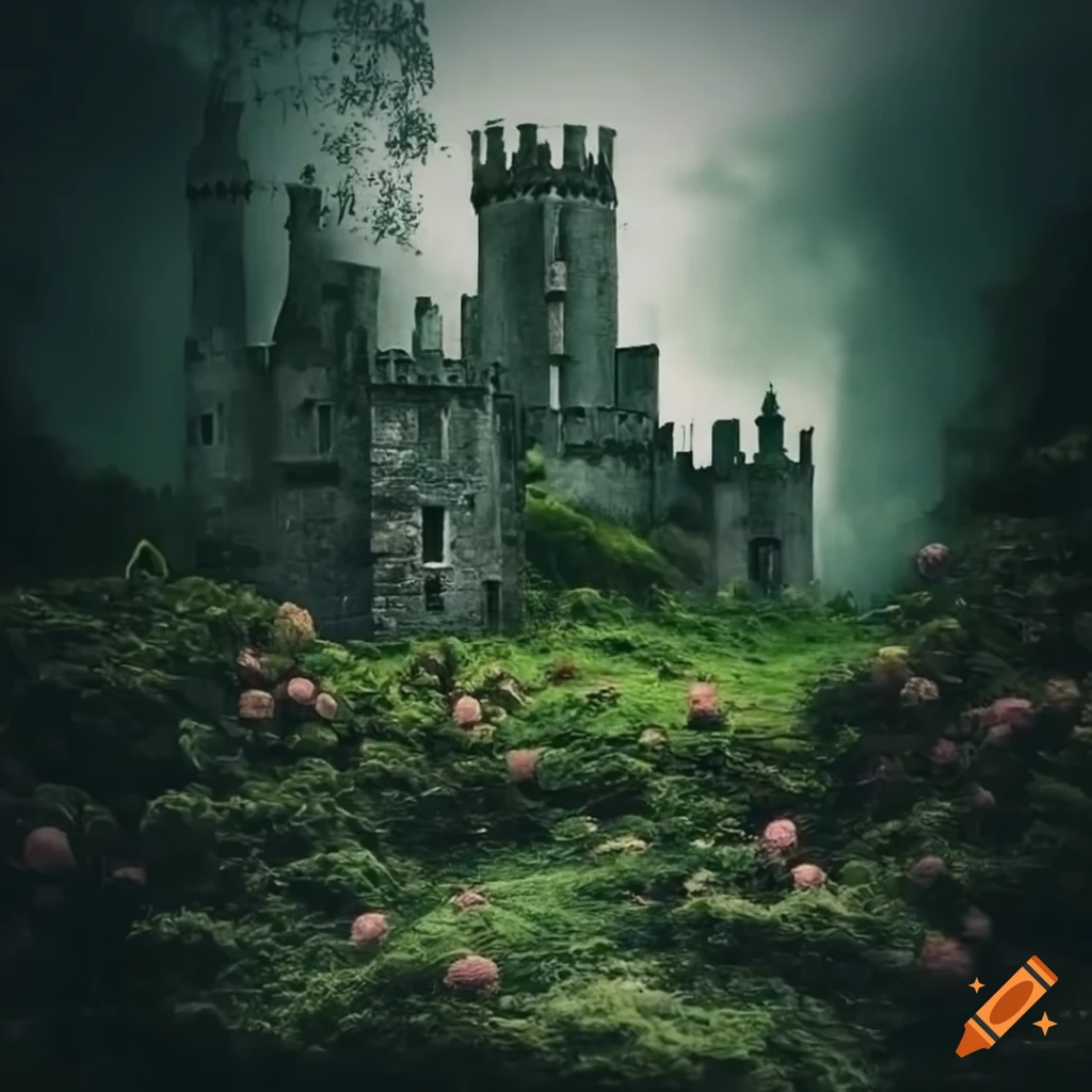 A grey abandoned castle overgrown in roses and thorns