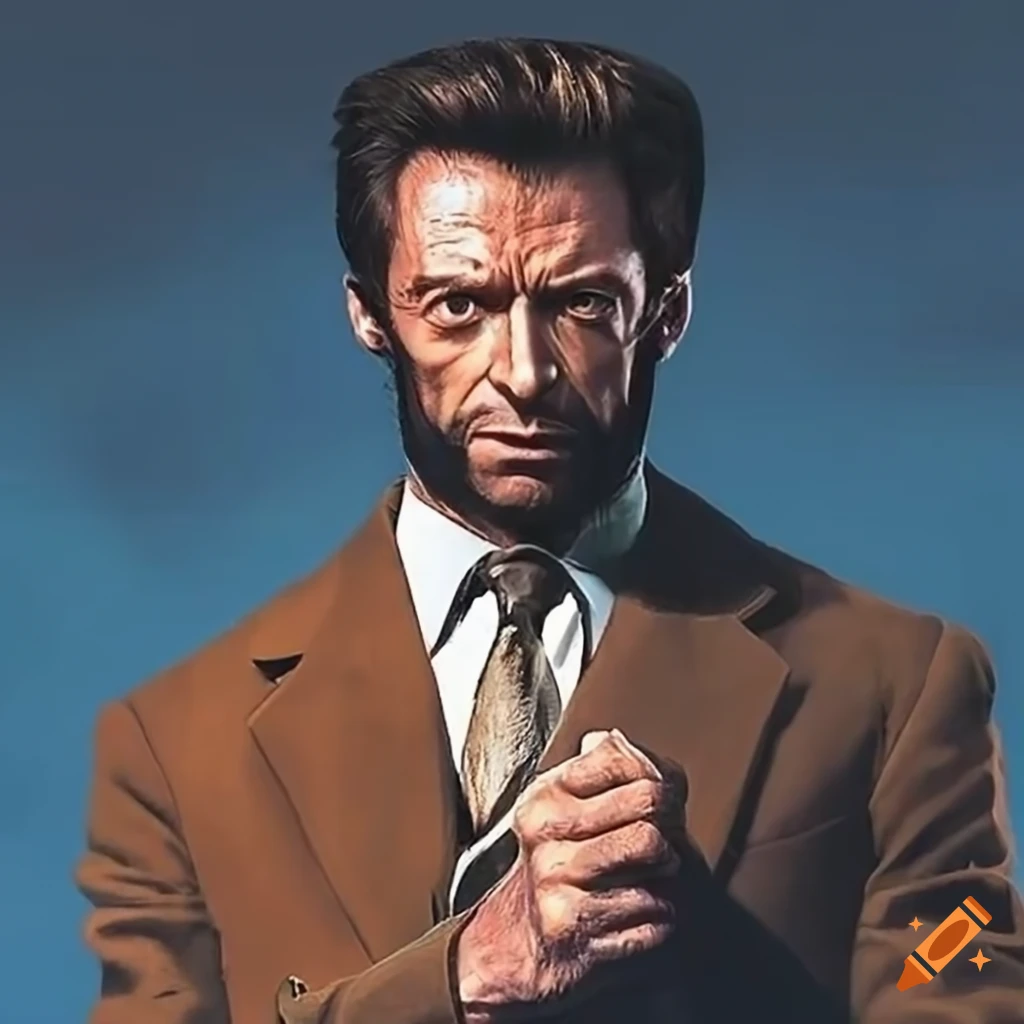 Hugh jackman as wolverine, 1960 detective brown coat, blue backdrop