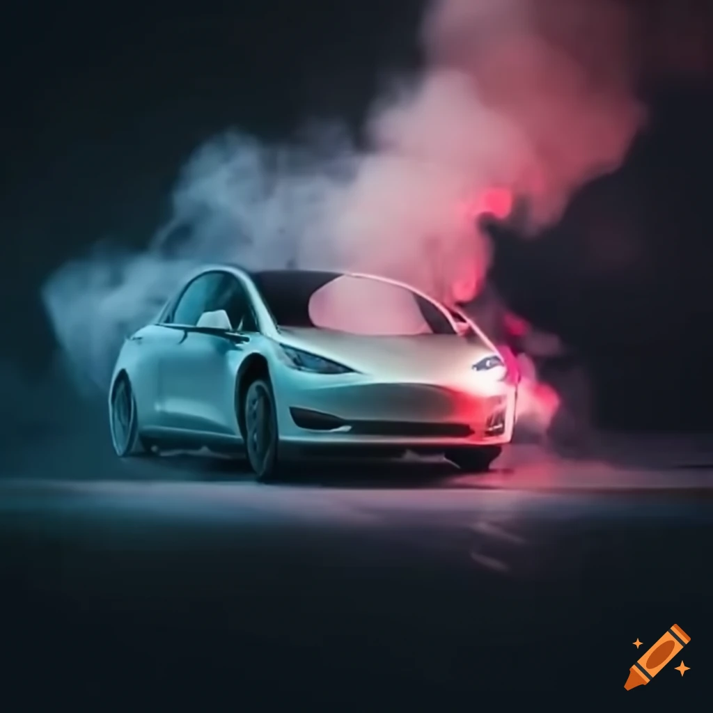 Crash test dummy in crashed Tesla model 3. background blur, smoke ...