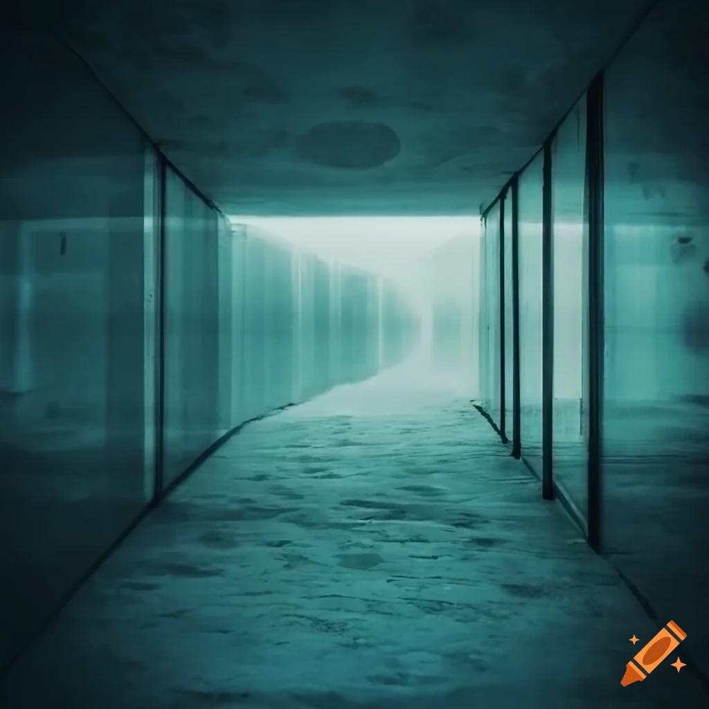 A liminal space hallway on the Moon, glass tunnel, scenery outside to a ...