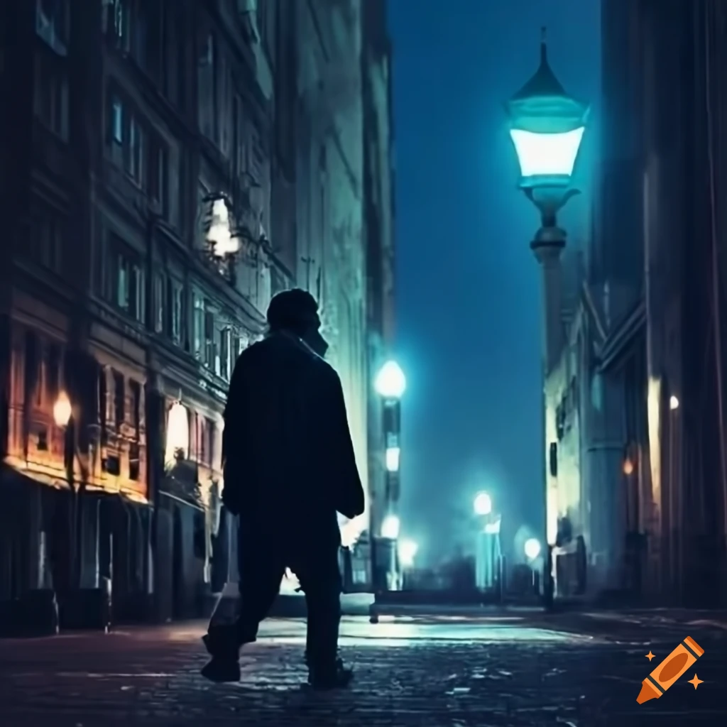 Man walking at night in city, some street lantern