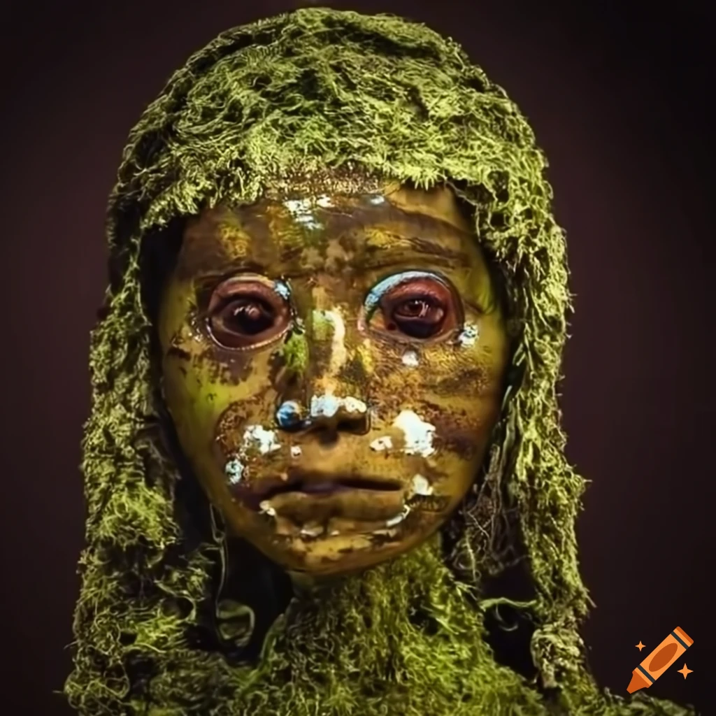 A humanoid rusty female android robot as a virgen del carmen, andean ...