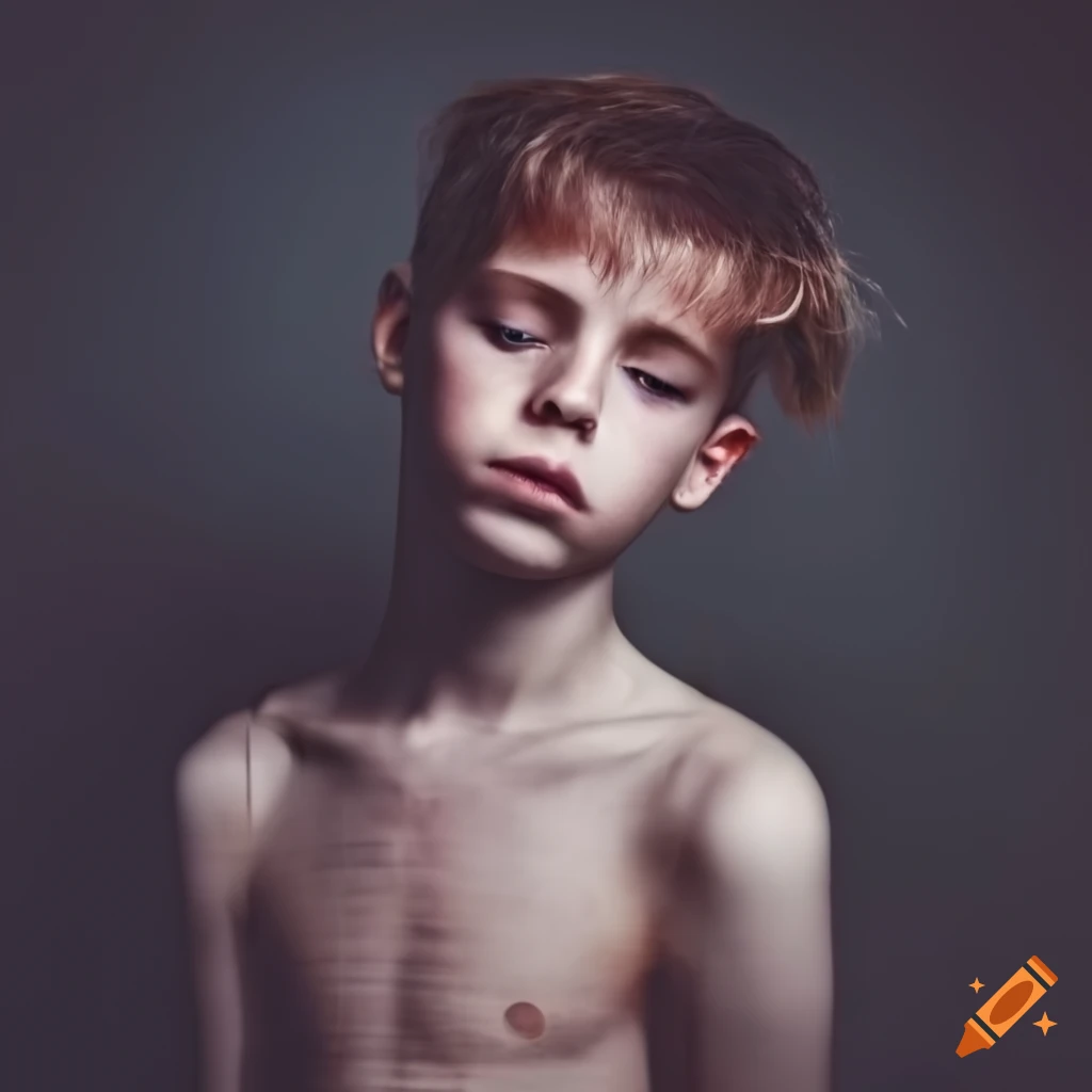 Skinny distressed boy in jail. standing, side view on Craiyon