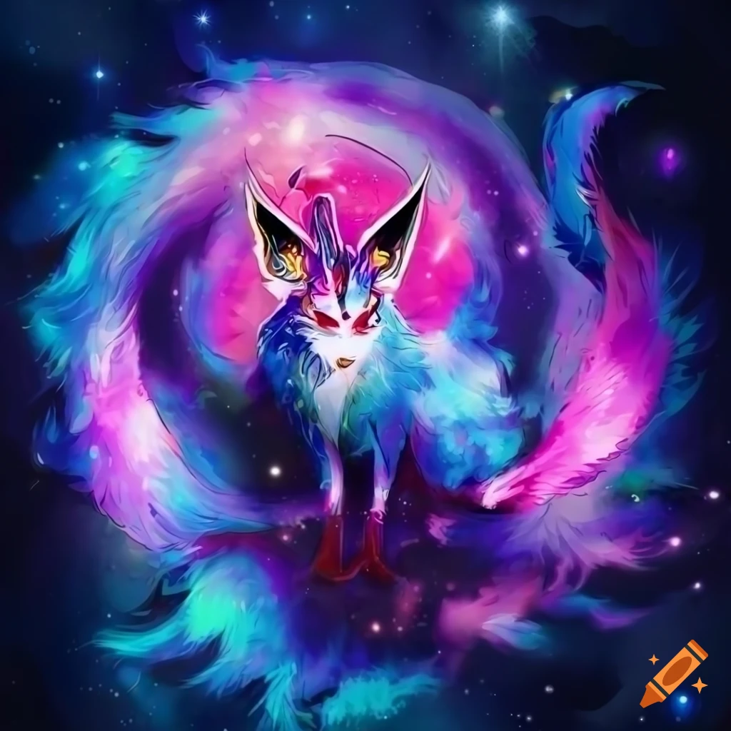 Anime-style illustration of a majestic, galaxy-themed kitsune with ...