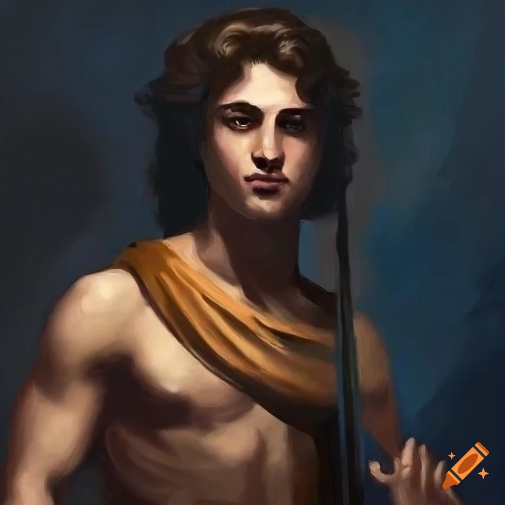 Orpheus, young male greek warrior holding a greek harp, impressionist ...