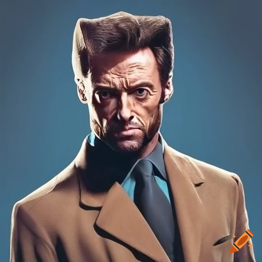 Hugh jackman as wolverine, 1960 detective brown coat, blue backdrop