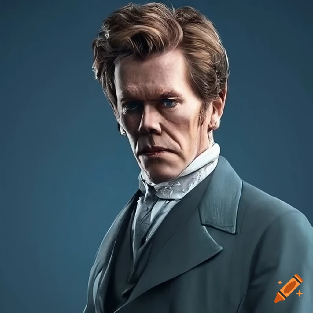 Kevin Bacon as Sebastian Shaw, Victorian business suit, blue backdrop ...
