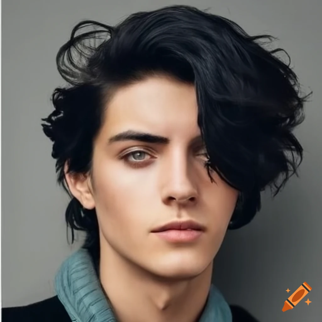 Young Man With Shoulder Length Wavy Black Hair And Hazel Green Eyes