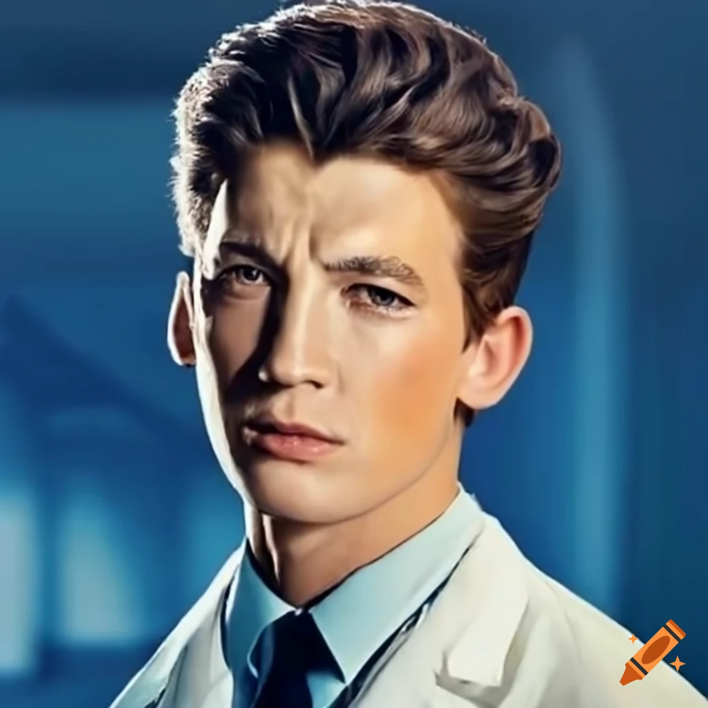 Miles Teller as Reed Richards, 1960 white lab coat, blue backdrop on ...