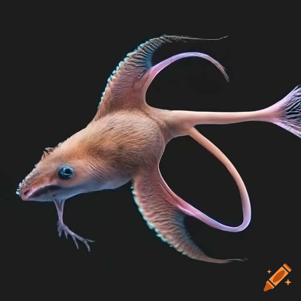 A whimsical aquatic hybrid creature with a mixture of features of both mice and carps, with big ...