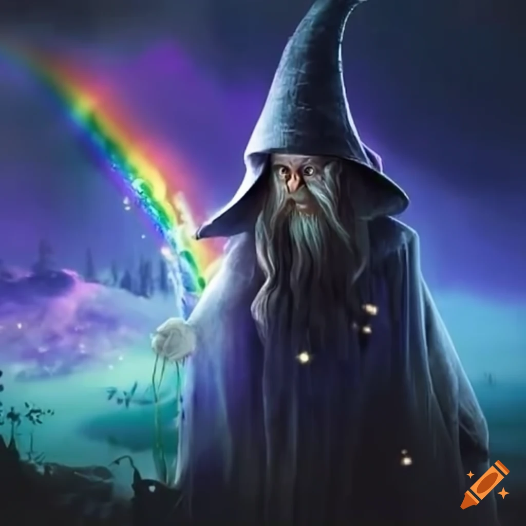 A wizard conjuring a magical rainbow with his wand