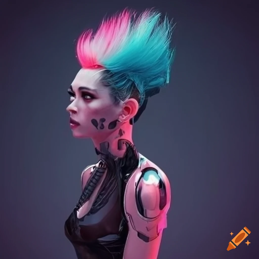 Cyberpunk woman with mohawk hair, robotic left arm, dressing a plastic ...