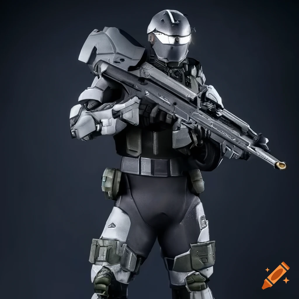 Heavily armed elite soldier, slick dark grey armour, futuristic, bulky, imposing, buff ...