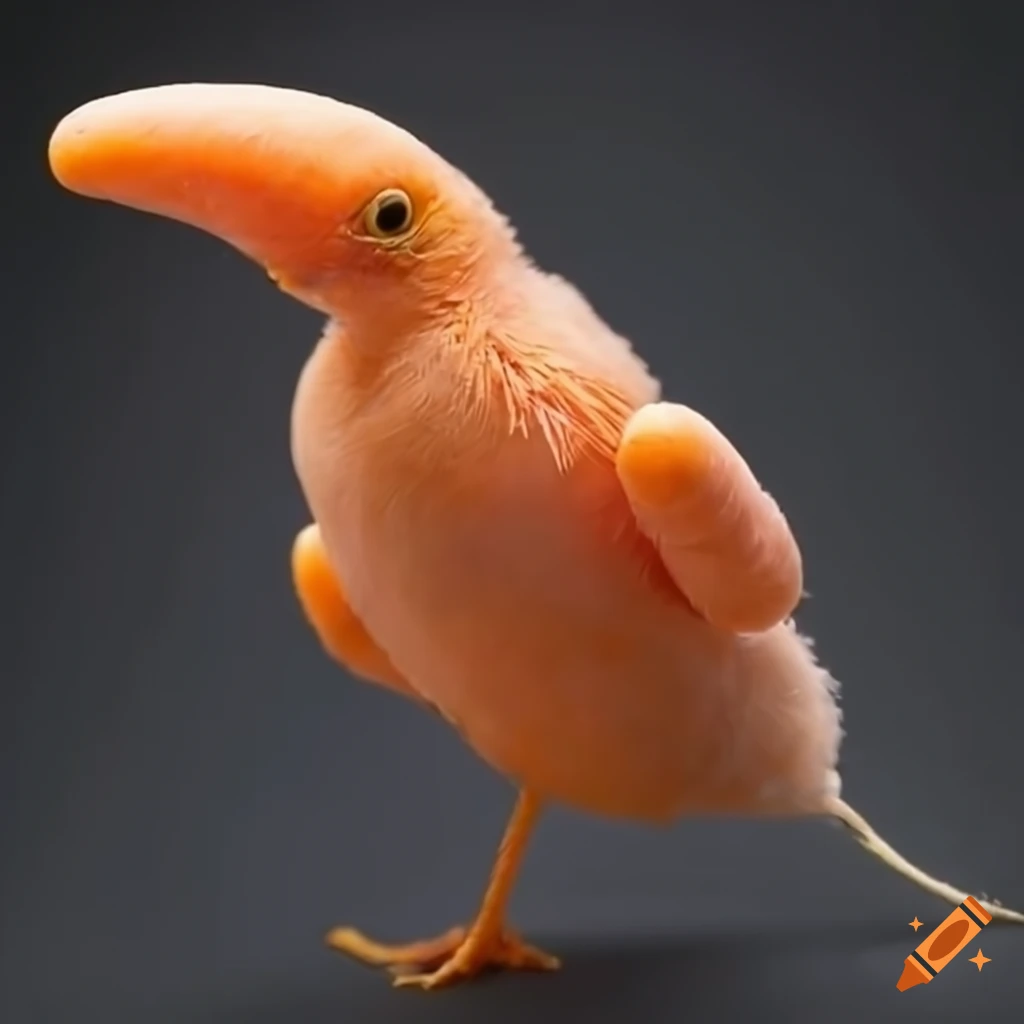 Close-up photo of a unique hybrid carrot-bird with soft lighting
