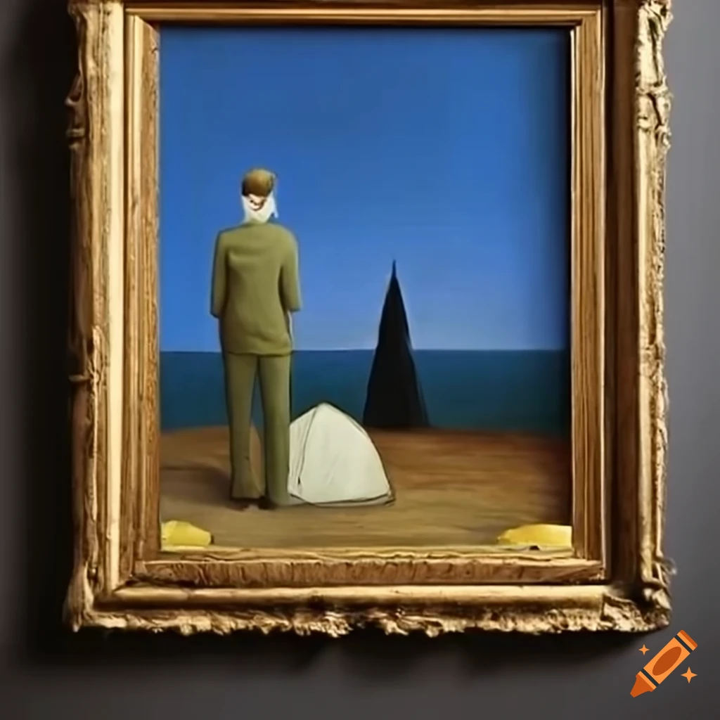 A surreal camping scene inspired by magritte paintings on Craiyon