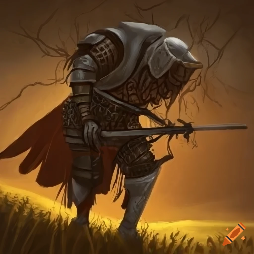 Dieselpunk knight, calmly walking though a field of wheat. digital ...