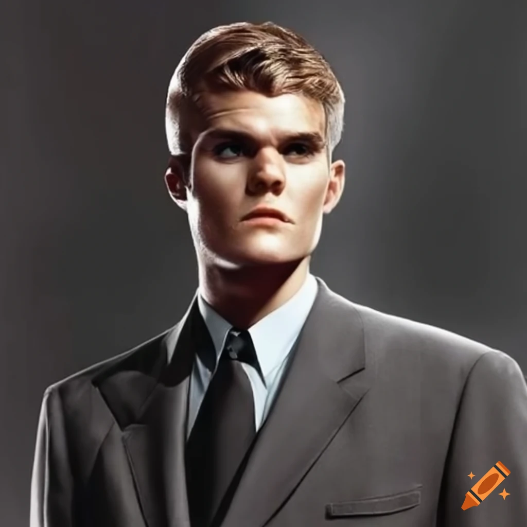 Chris Zylka as Flash Thompson, 1960 black suit and tie on Craiyon