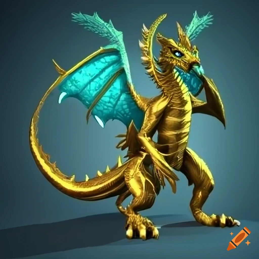 Gold anthro dragon with cyan wings and cyan underside and cyan-colored ...