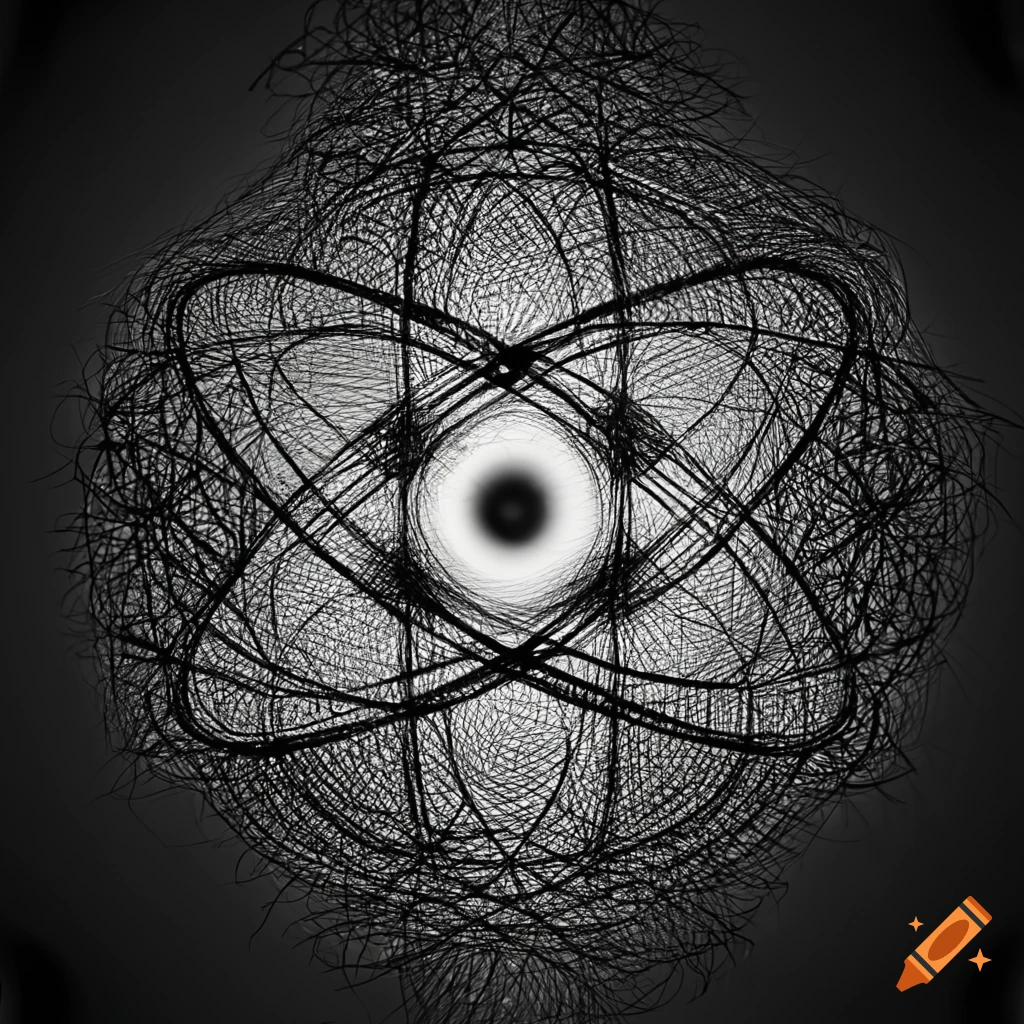 Intricate black and white sketch of an atom model on Craiyon