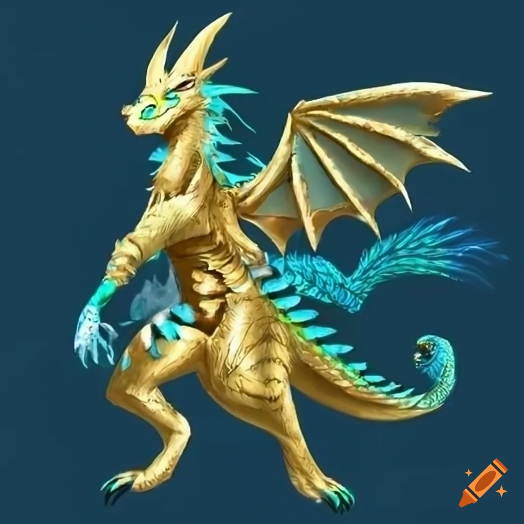 Gold anthro dragon with cyan wings and cyan-colored spikes on Craiyon