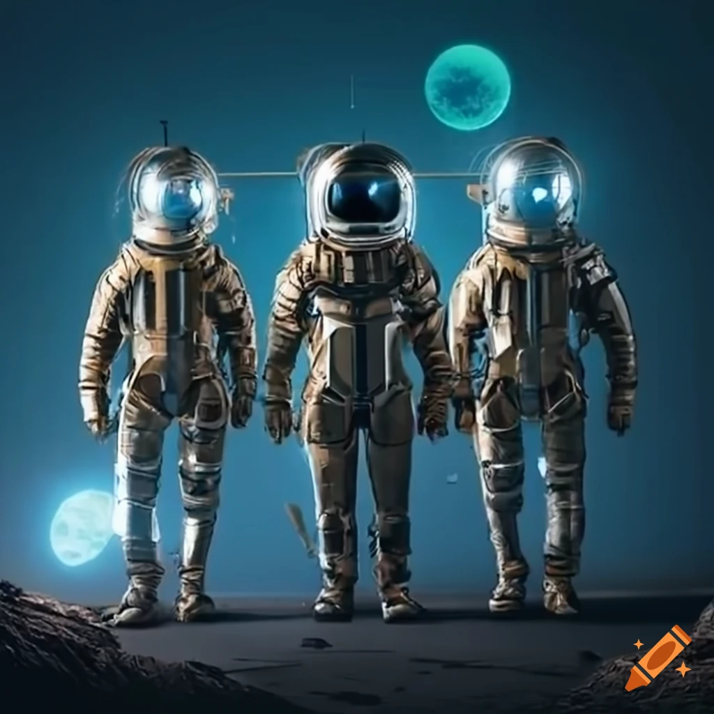 Three space explorers in futuristic suits exploring a distant planet ...