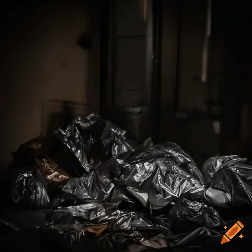A chaotic heap of ripped trash bags in an urban environment on Craiyon