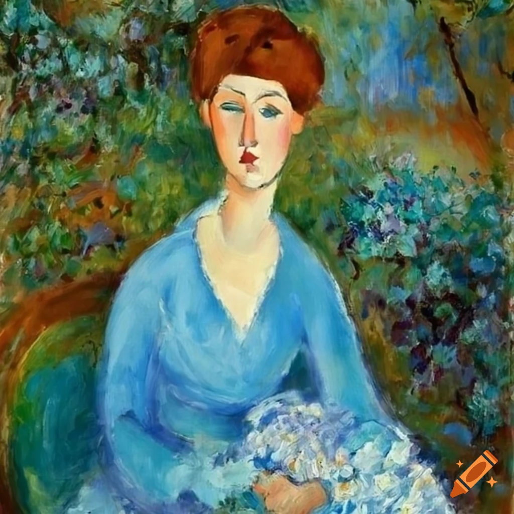A woman dreamy summery flower , blue dressed, monet modigliani style