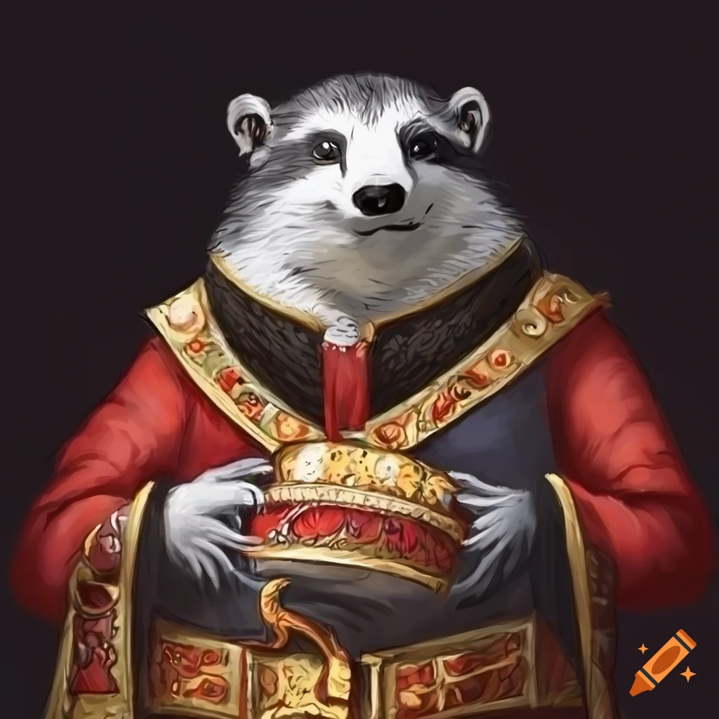 A fat bloated gluttonous anthro badger king wearing a royal coat with ...