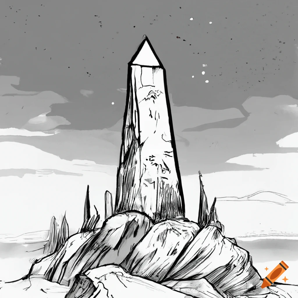 Black and white ink drawing. An ancient arcane obelisk. in a rocky ...