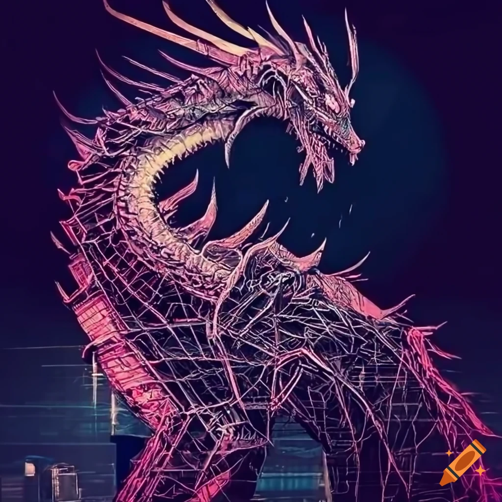 Majestic metal wireframe cyberpunk dragon in a city