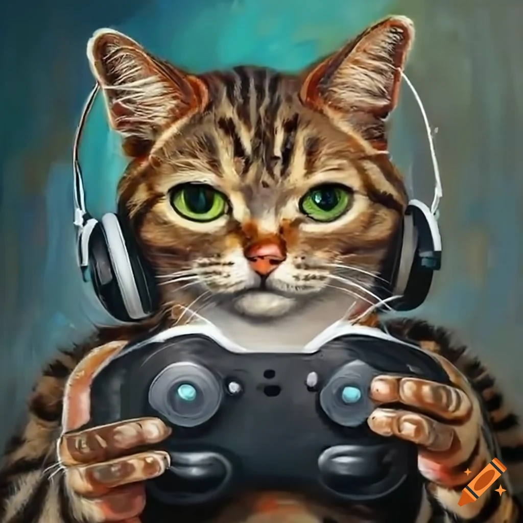 A playful cat enjoying a video game with headphones on