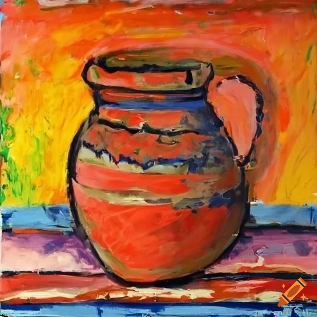 Ancient pots from arkaim on table, fauvism painting