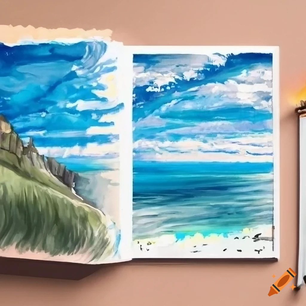 Gouache painting of a landscape path and sea