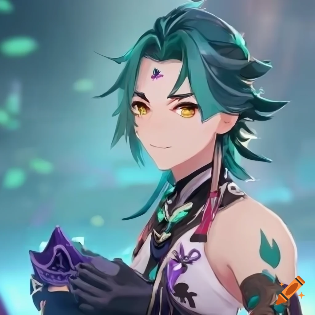 Portrait of xiao from the game genshin impact smirking and holding his ...