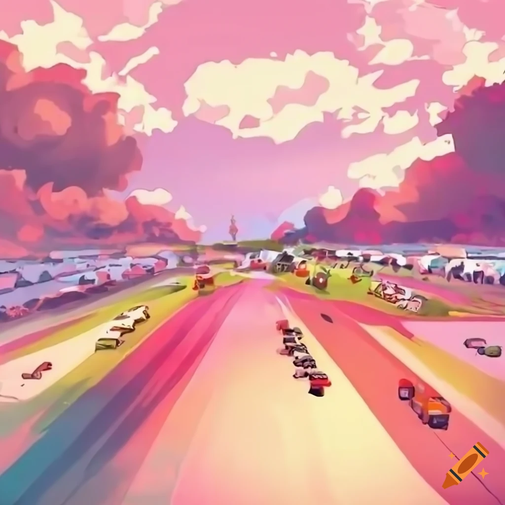 Anime illustration from aerial viewpoint of a complete car race track ...