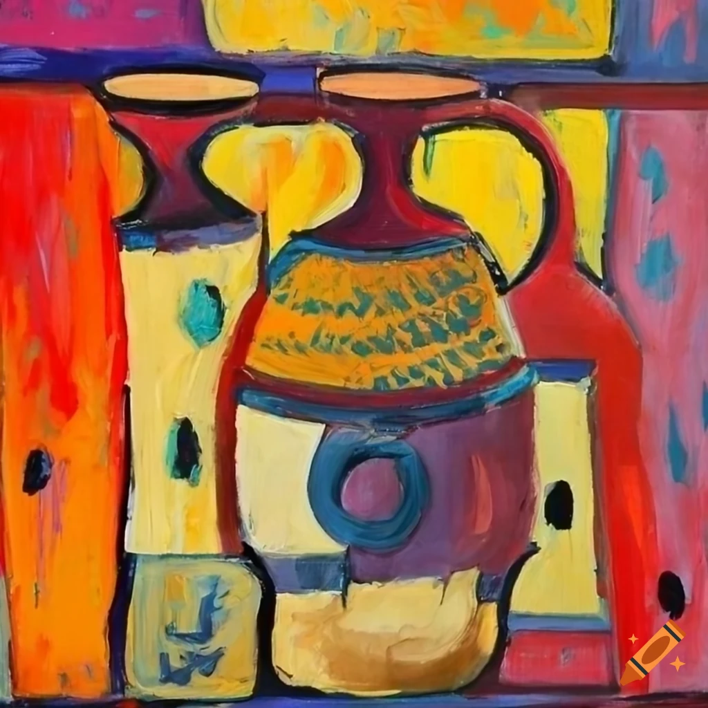 Ancient pots from arkaim on table, fauvism painting