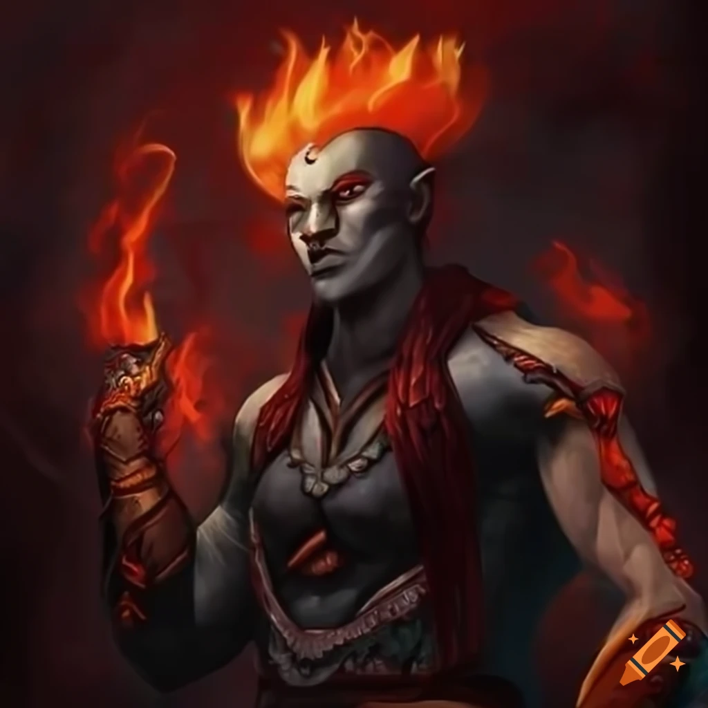 A fierce fire genasi warrior with striking black and red features