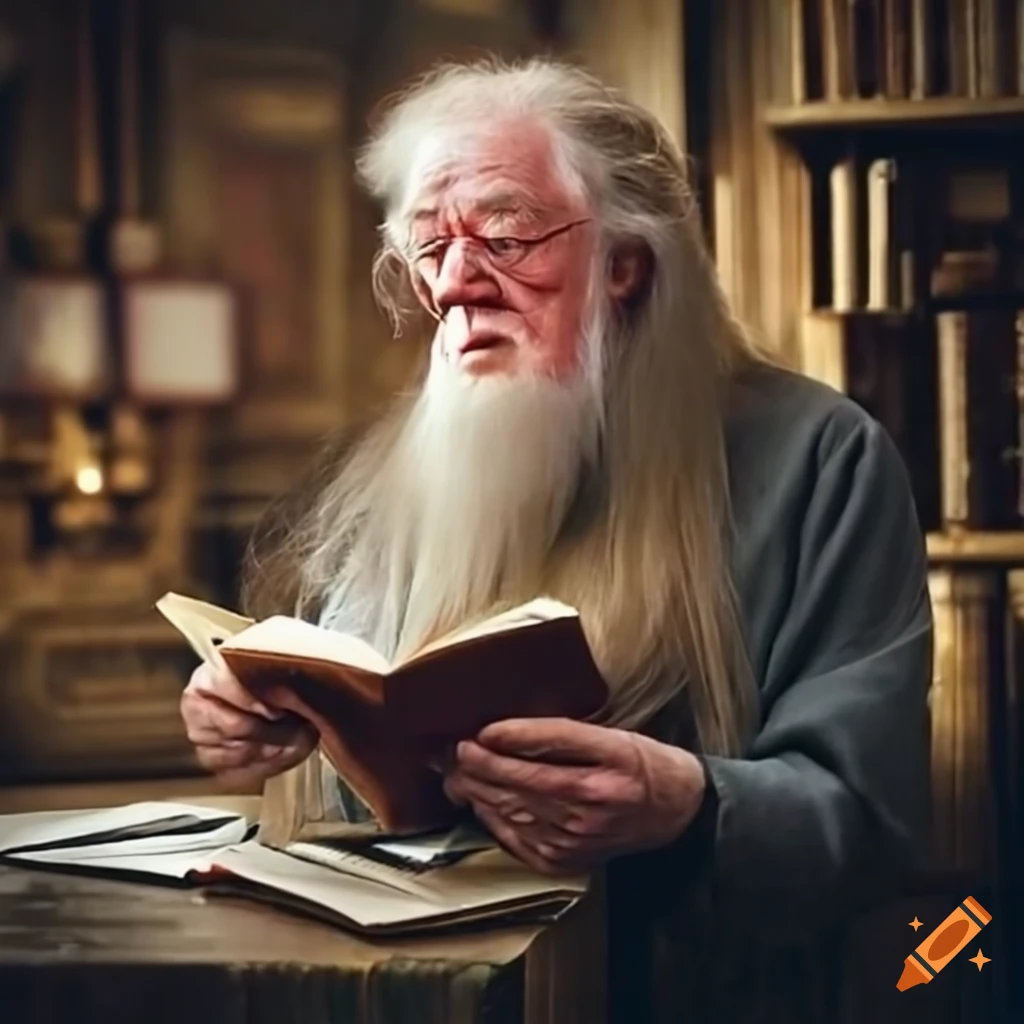 Dumbledore, michael gambon in his office reading a book