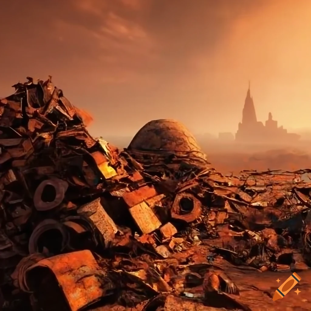 Piles of scrap on an alien planet, ramshackle, rusty, wide angle on Craiyon