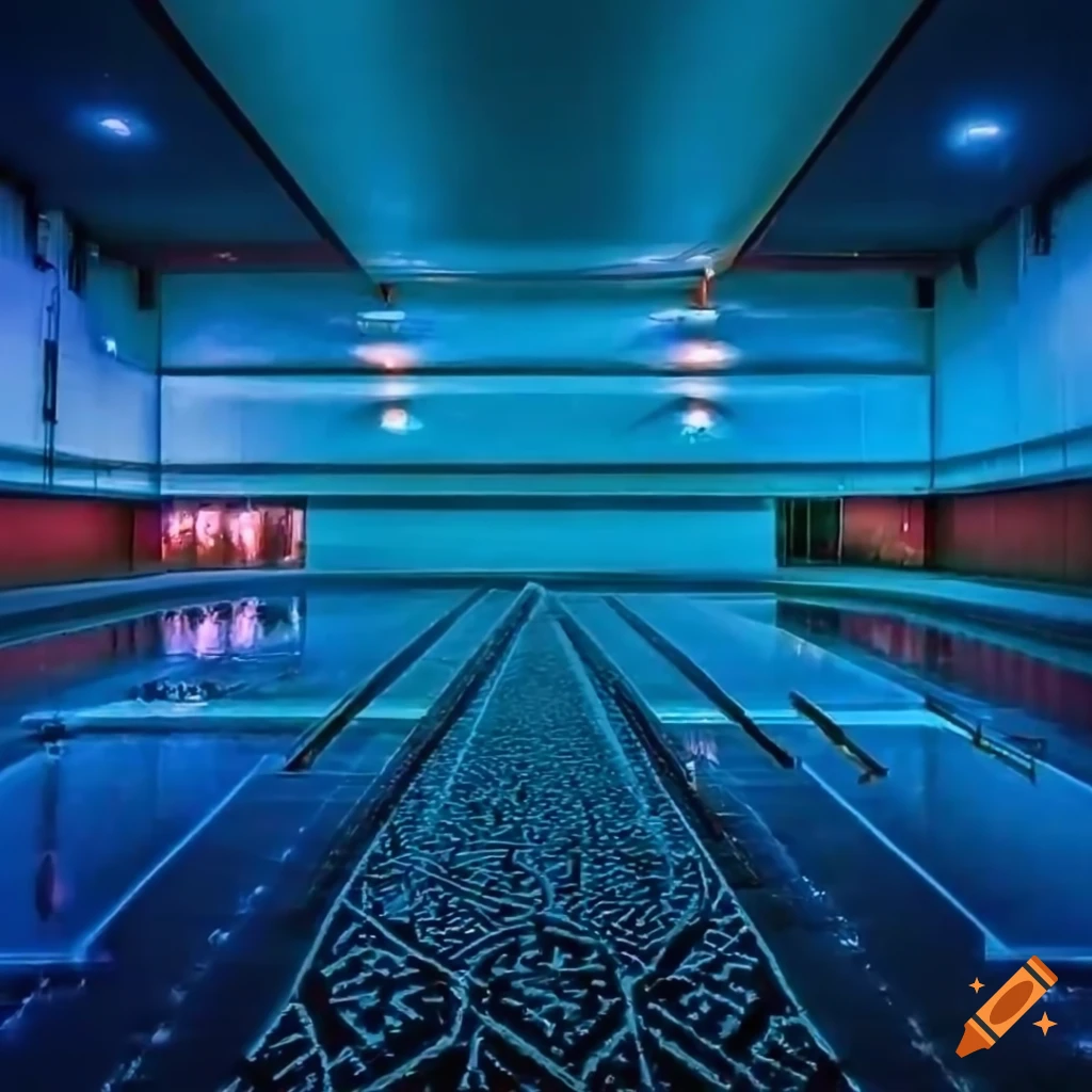Real life, liminal space, a pool space, and a tiled floor with dim neon lighting high quality ...