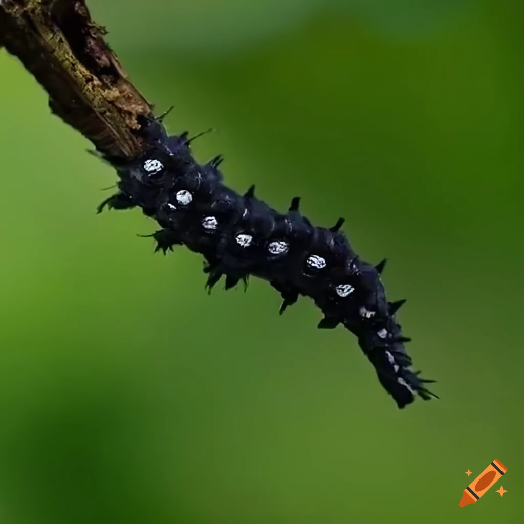 A dark alien caterpillar hanging on a tree branch on Craiyon