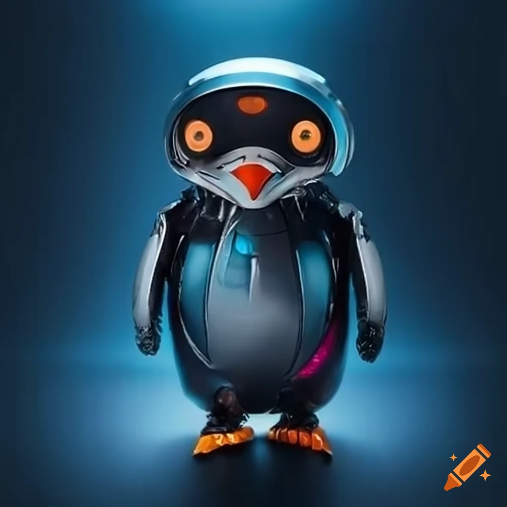 A futuristic cyborg penguin toy with advanced technology