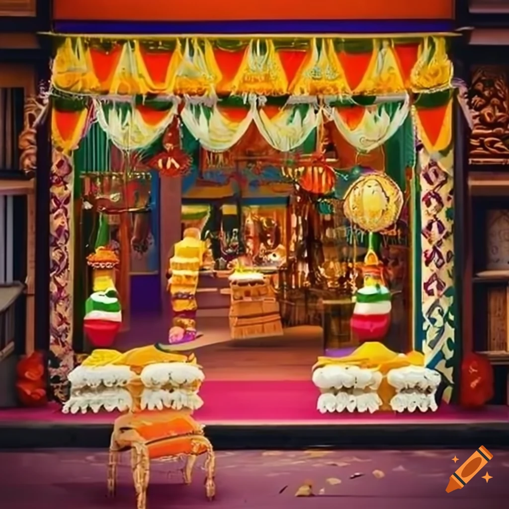 A vibrant retail store window decorated with Onam festival theme on Craiyon