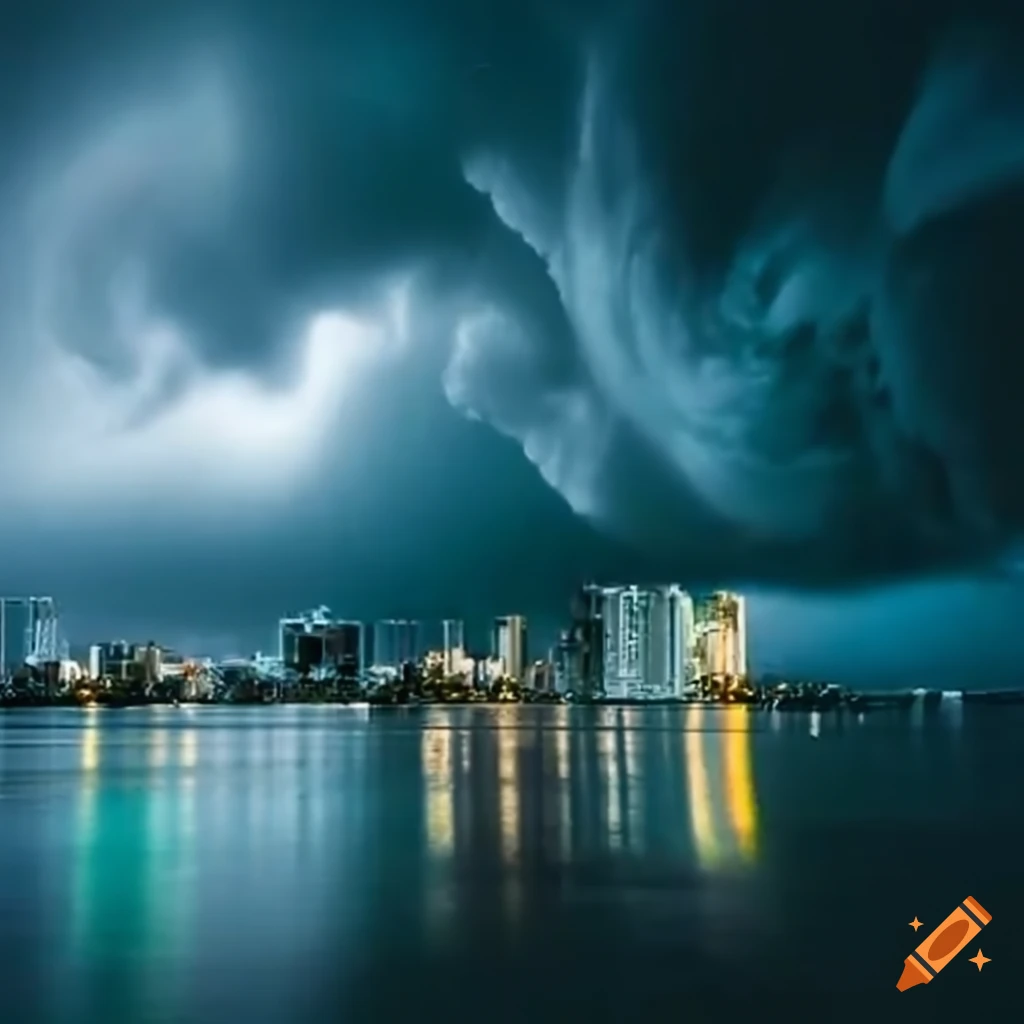 Cyclone hitting miami, harbour, florida, windy palmtree, tropical storm