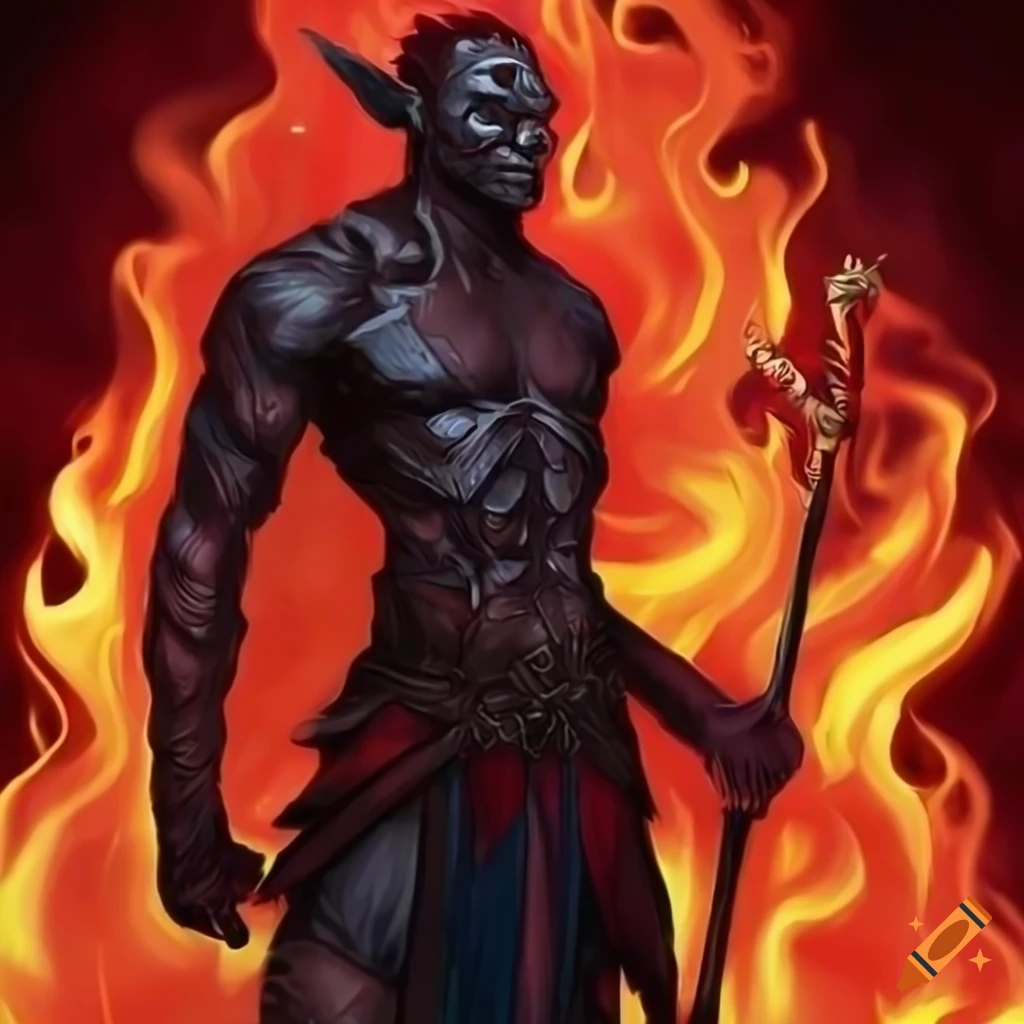 A powerful fire genasi with imposing black and red attributes