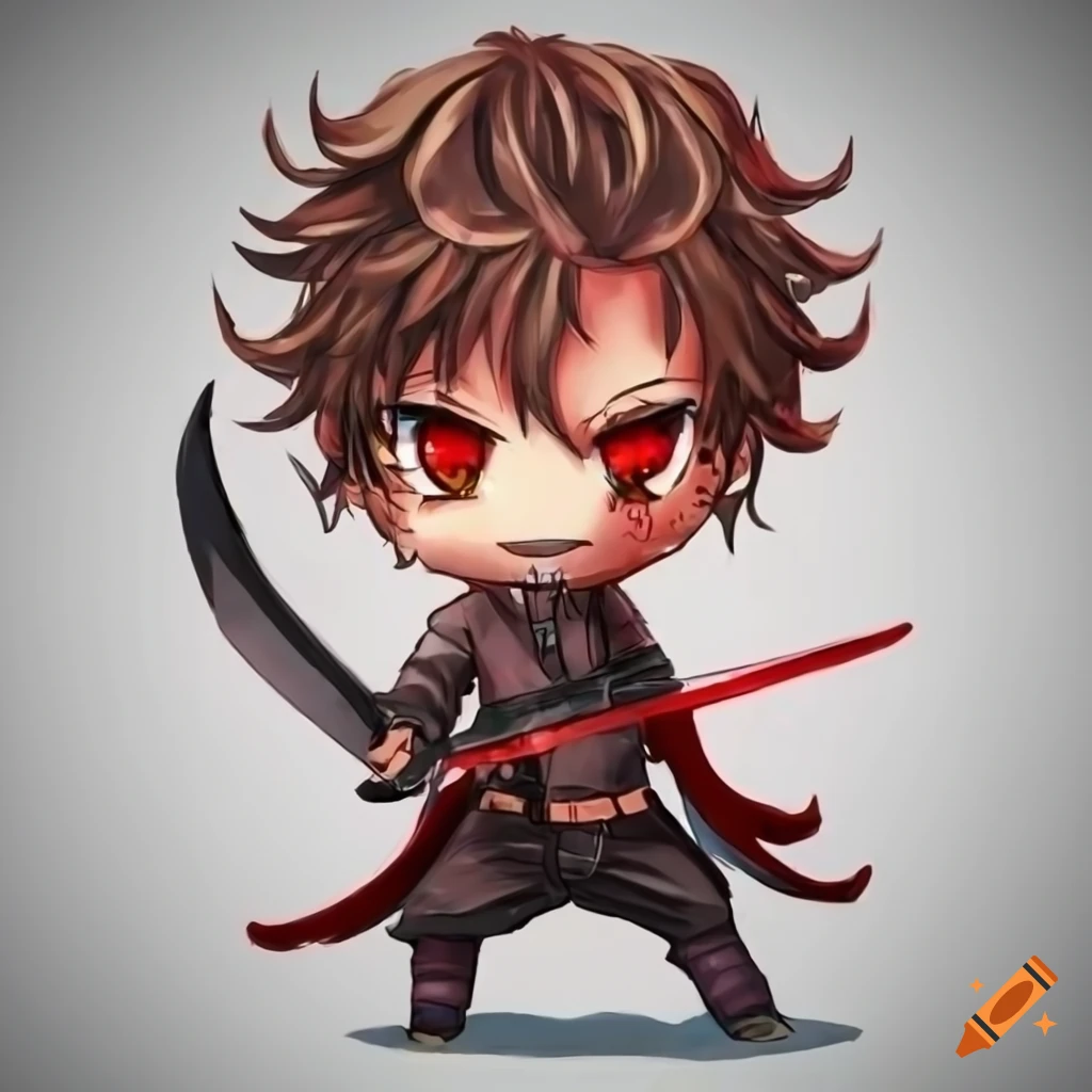 Anime inspired chibi reddish-brown haired male demon wielding a blade ...