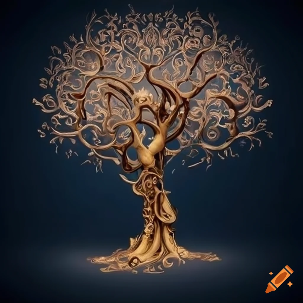 An elegant, intricate tree with ornate baroque-style branches