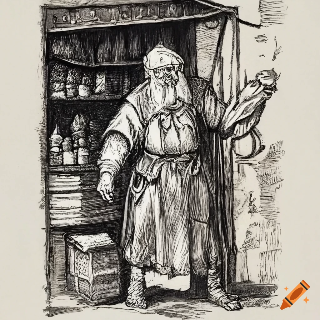A medieval merchant standing behind his stall, dungeons & dragons ...