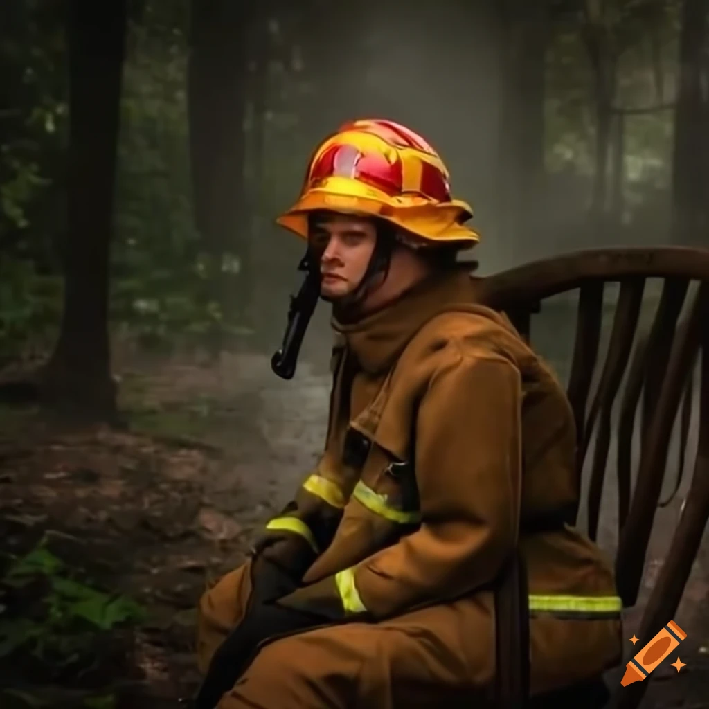 Firefighter sitting on a chair which is in the jungle, 4k