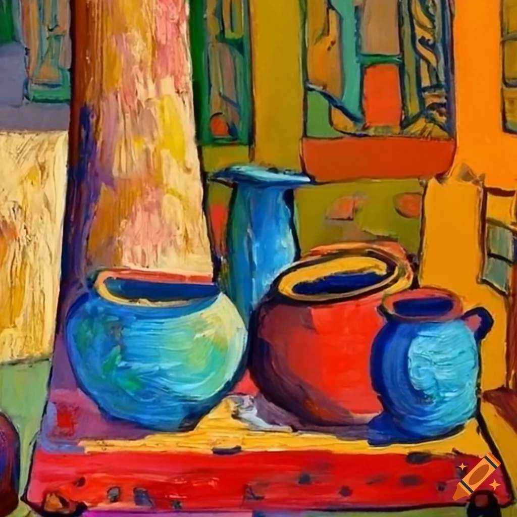 Ancient pots from arkaim on table, fauvism painting